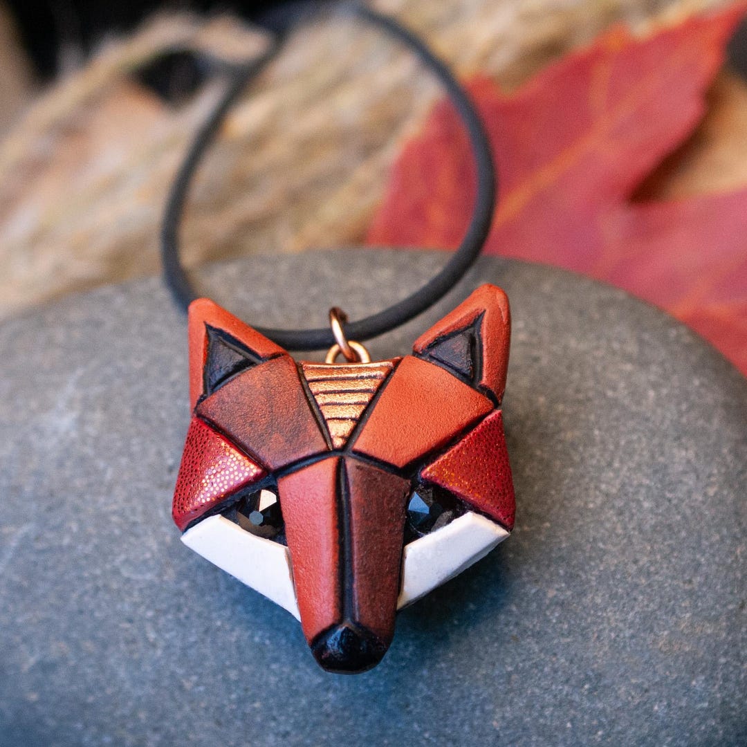 Red Fox Necklace, Rustic Geometric Spirit Animal, Mosaic Art to Wear ...