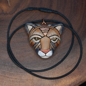Cougar, AKA Mountain Lion & Puma Face Necklace on Leather, Wildcat ...