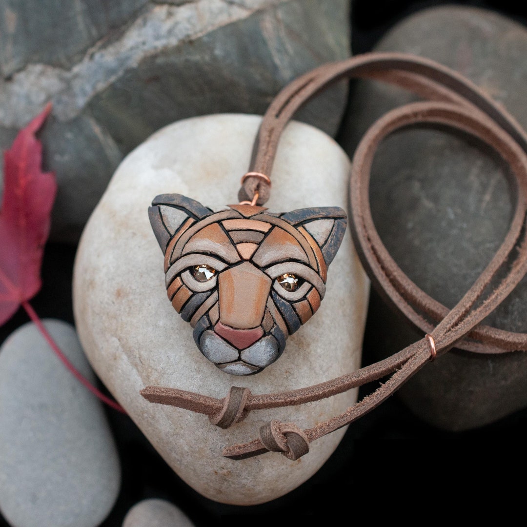 Cougar, AKA Mountain Lion & Puma Face Necklace on Leather, Wildcat ...