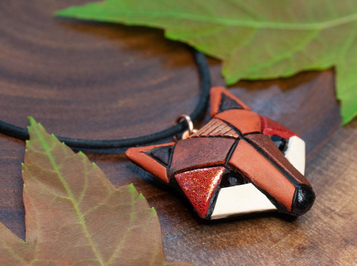 Red Fox Necklace, Rustic Geometric Spirit Animal, Mosaic Art to Wear ...
