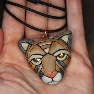 Cougar, AKA Mountain Lion & Puma Face Necklace on Leather, Wildcat ...