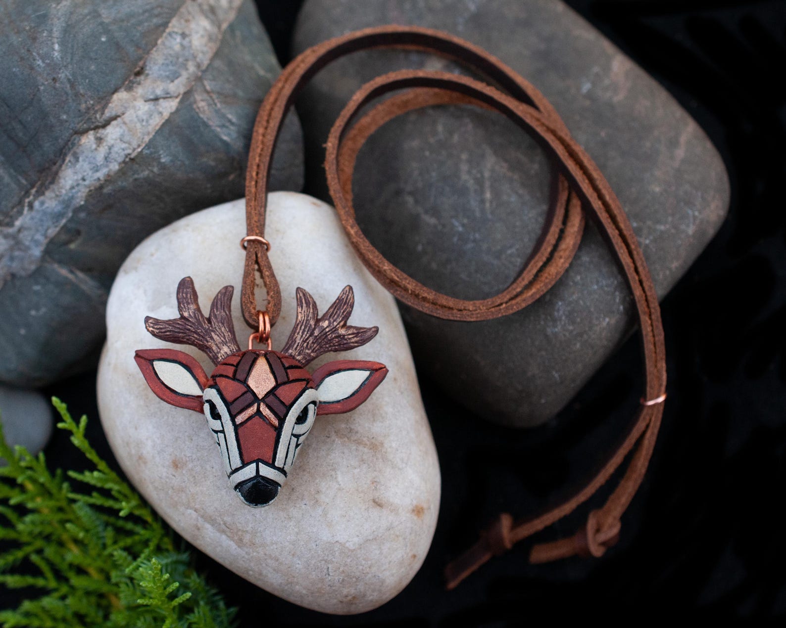 Deer Necklace, White Tailed Deer on Adjustable Leather Cord, Spirit ...