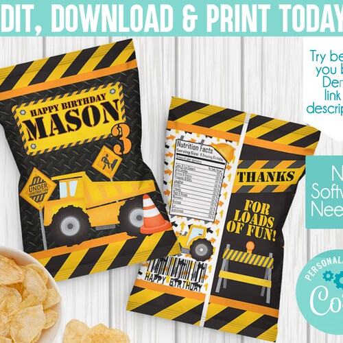 Editable Construction Birthday Party Decorations Chip Bag - Etsy