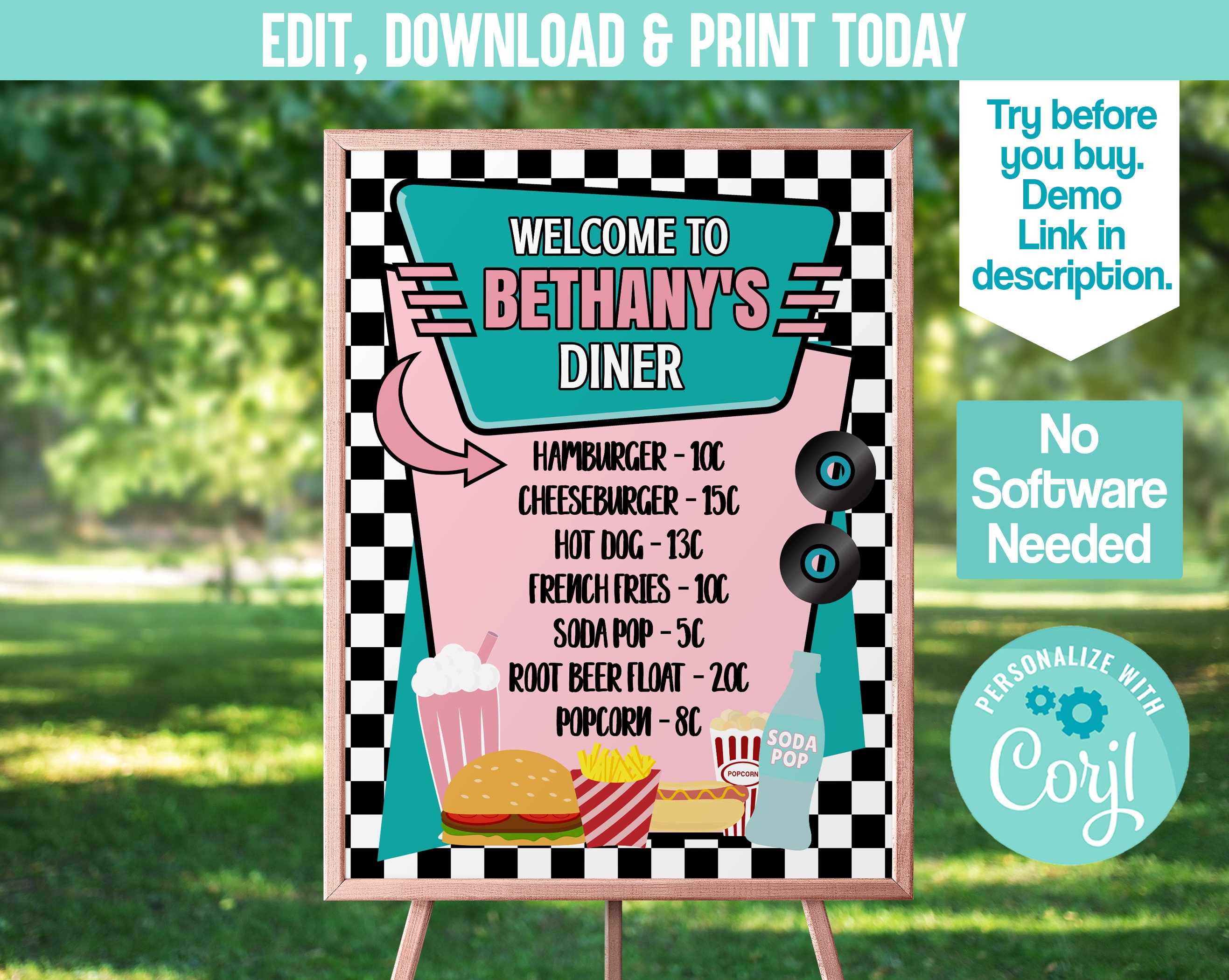 Editable Diner Welcome Sign Menu Digital Printable Instant - Etsy Canada