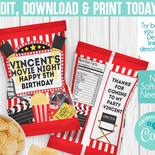 Movie Night Birthday Party Decor EDITABLE Printable Instant - Etsy