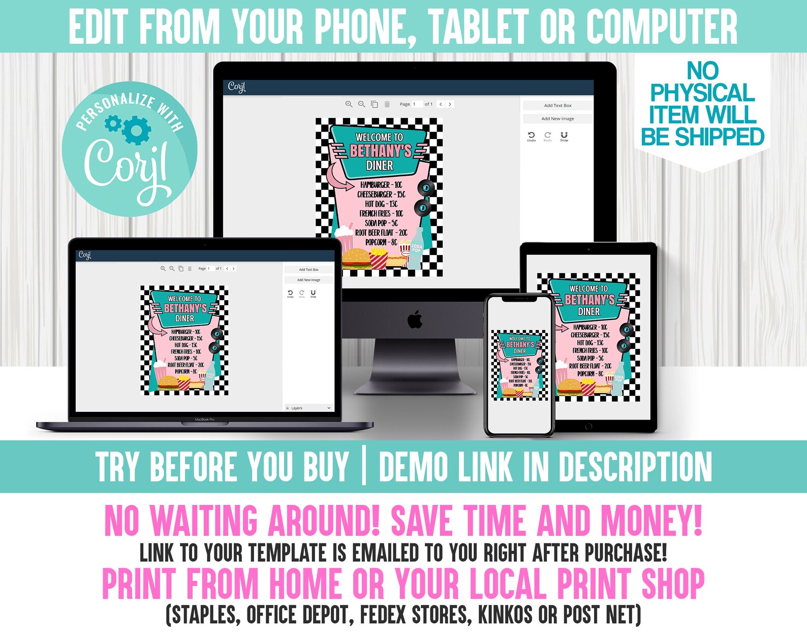 Editable Diner Welcome Sign Menu Digital Printable Instant - Etsy Canada