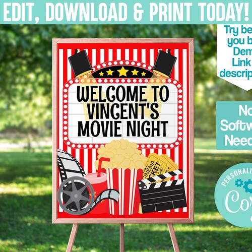 Editable Backyard Movie Night Welcome Sign Outdoor Movie - Etsy