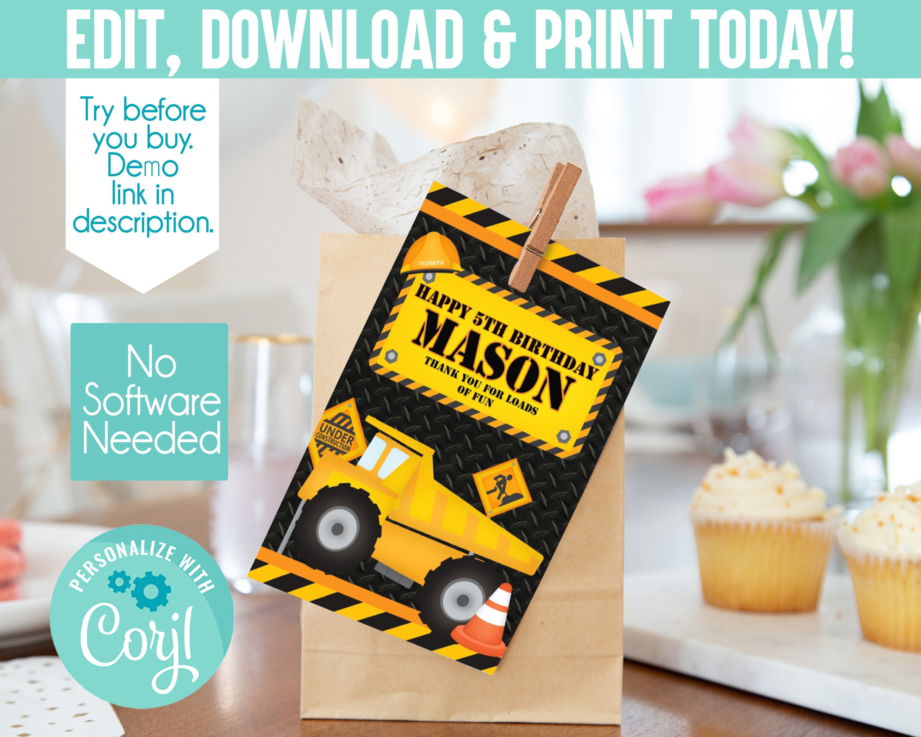 Editable Construction Tag/ DIY/ You print/ Construction Favor/ | Etsy