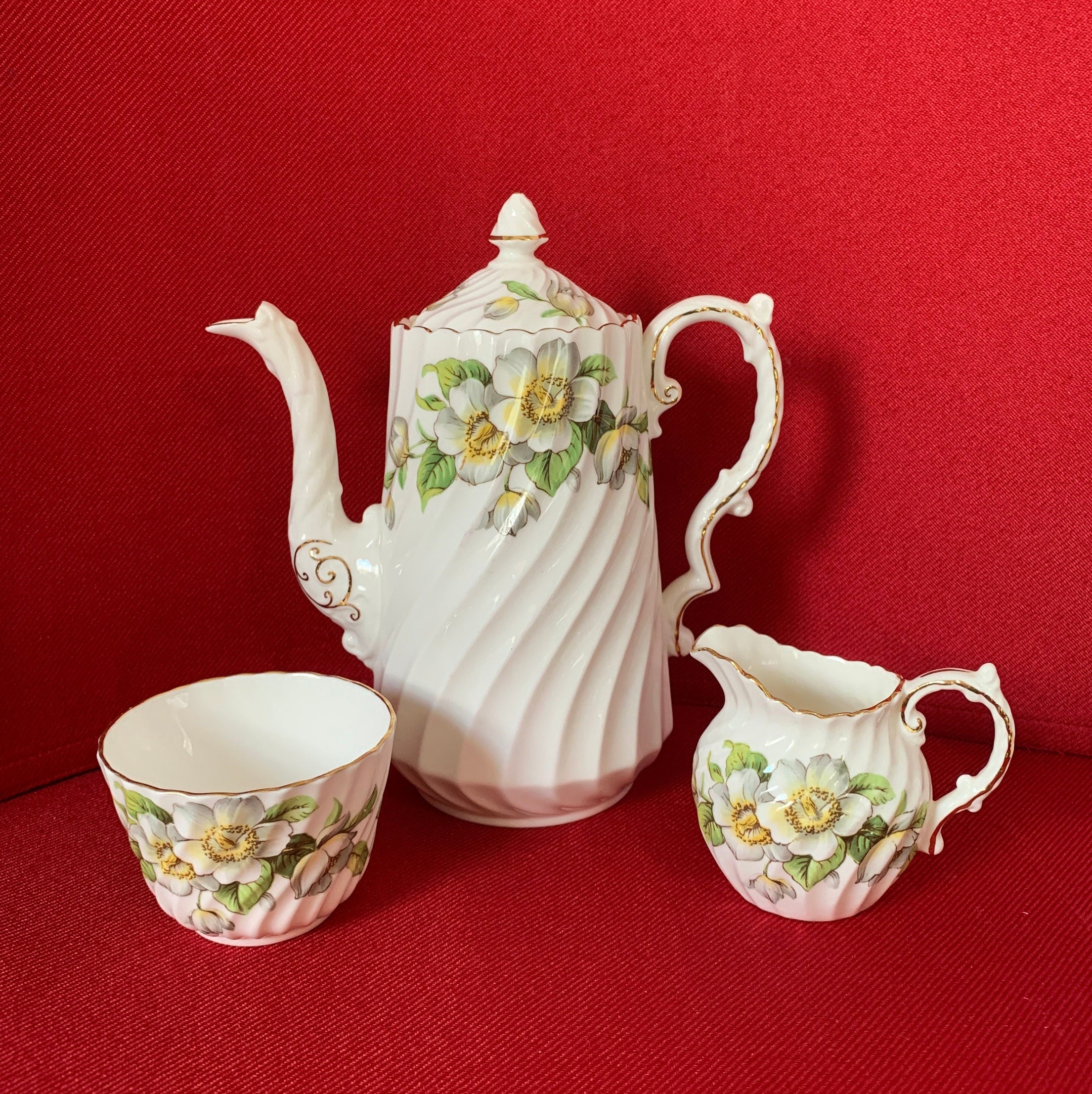 RARE Aynsley Tea Set With Teapot, Creamer and Sugar Bowl With Wild Rose ...