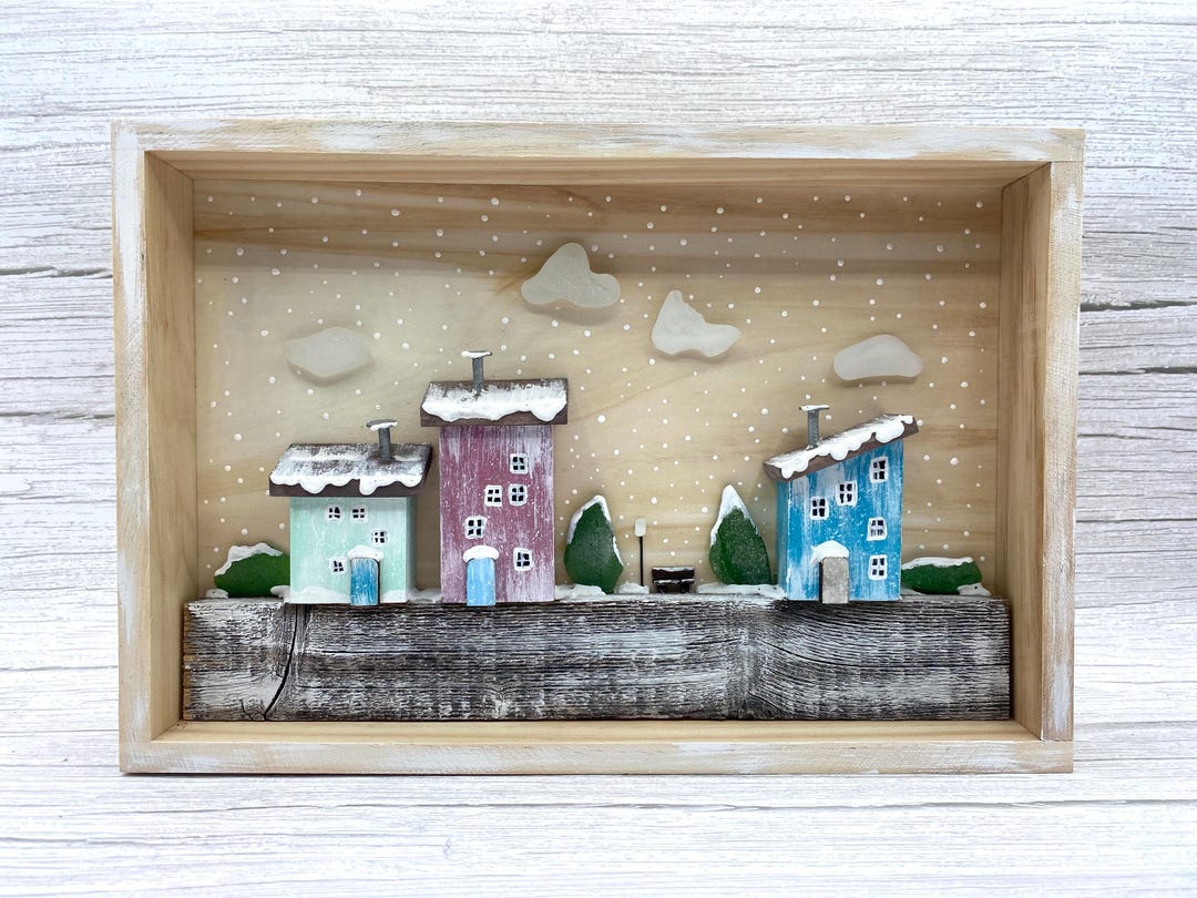 Handmade Driftwood Winter Village Shadow Box – Sea Glass Snowy Houses ...