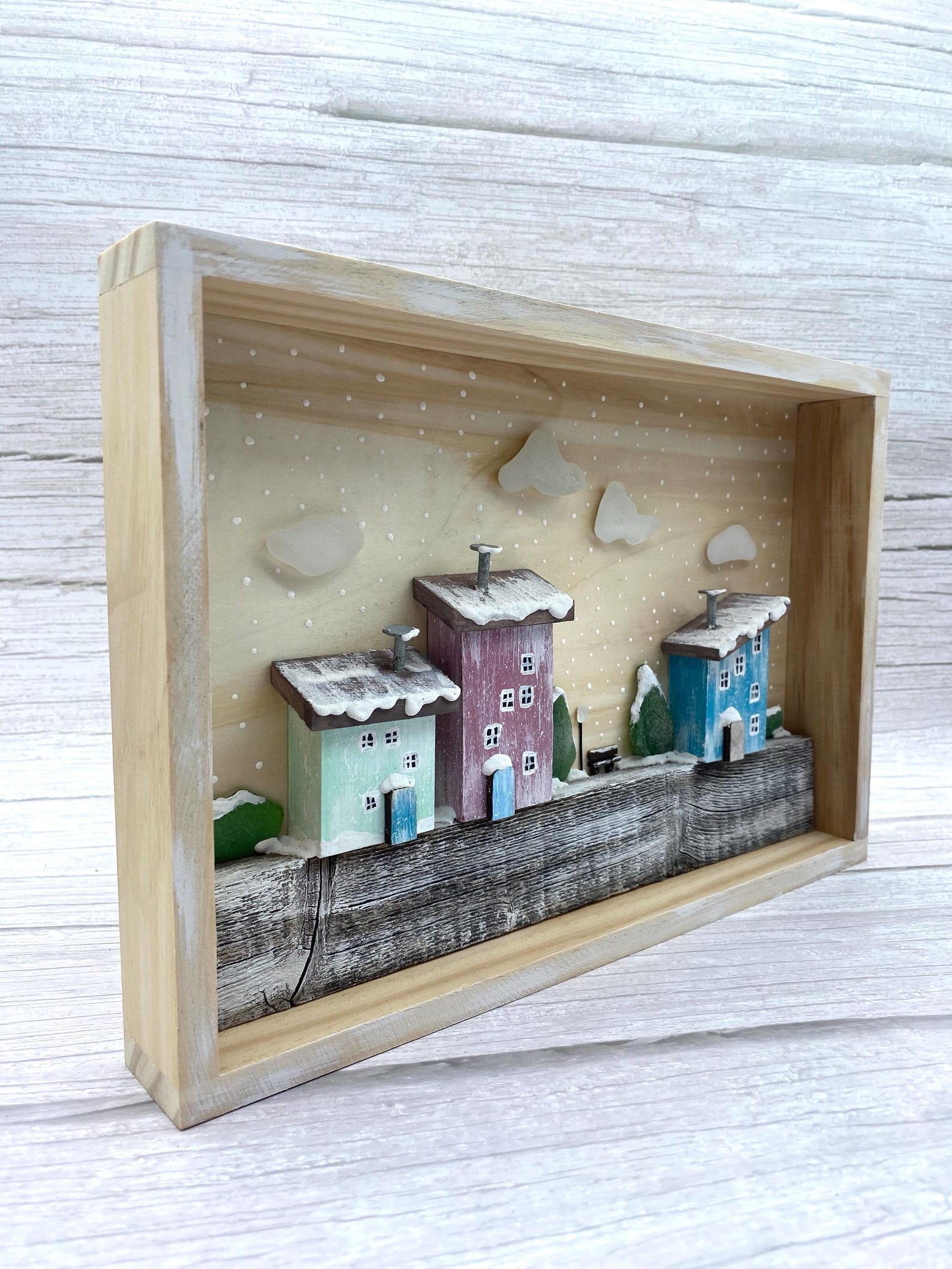 Handmade Driftwood Winter Village Shadow Box – Sea Glass Snowy Houses ...