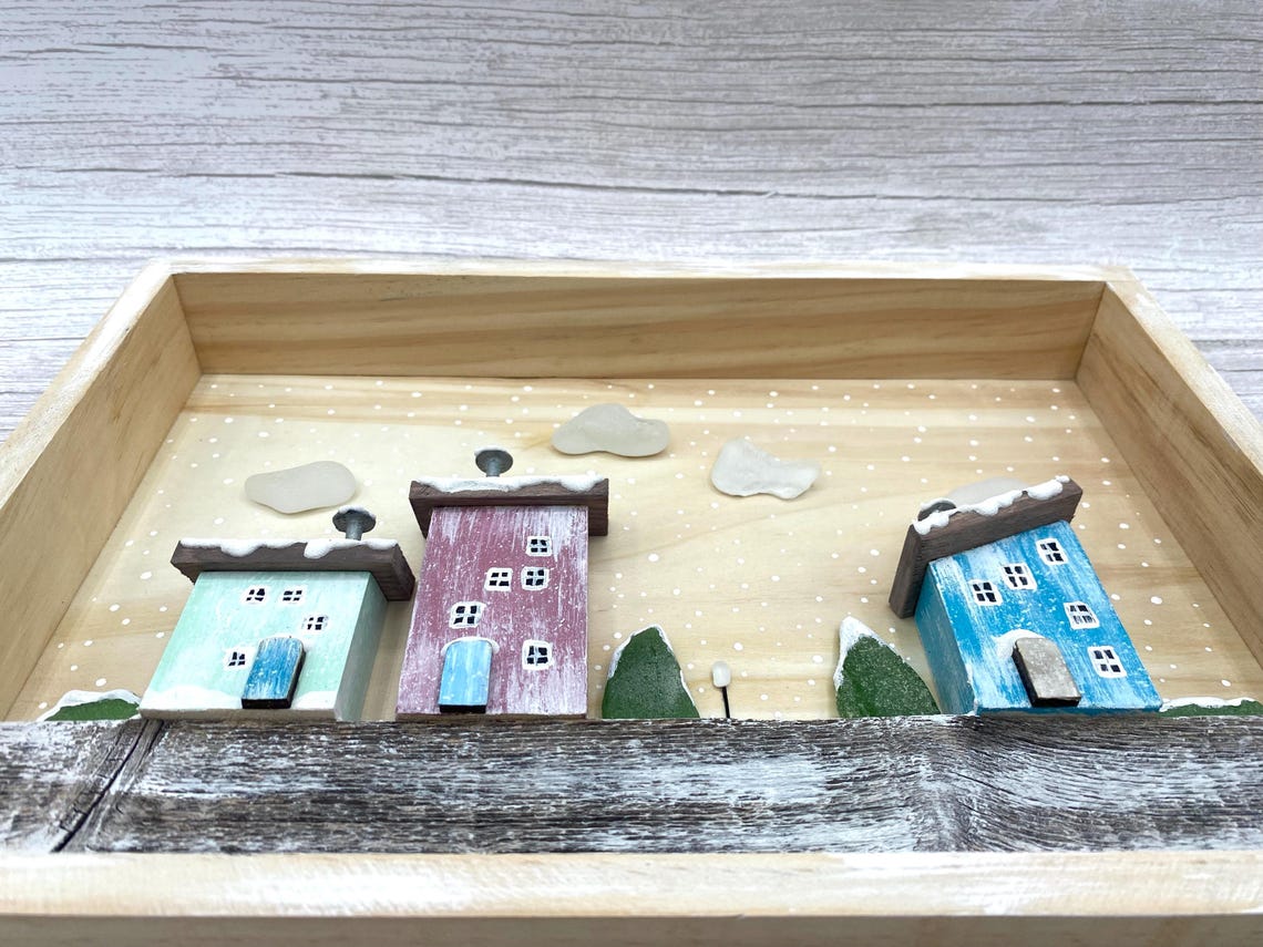 Handmade Driftwood Winter Village Shadow Box – Sea Glass Snowy Houses ...