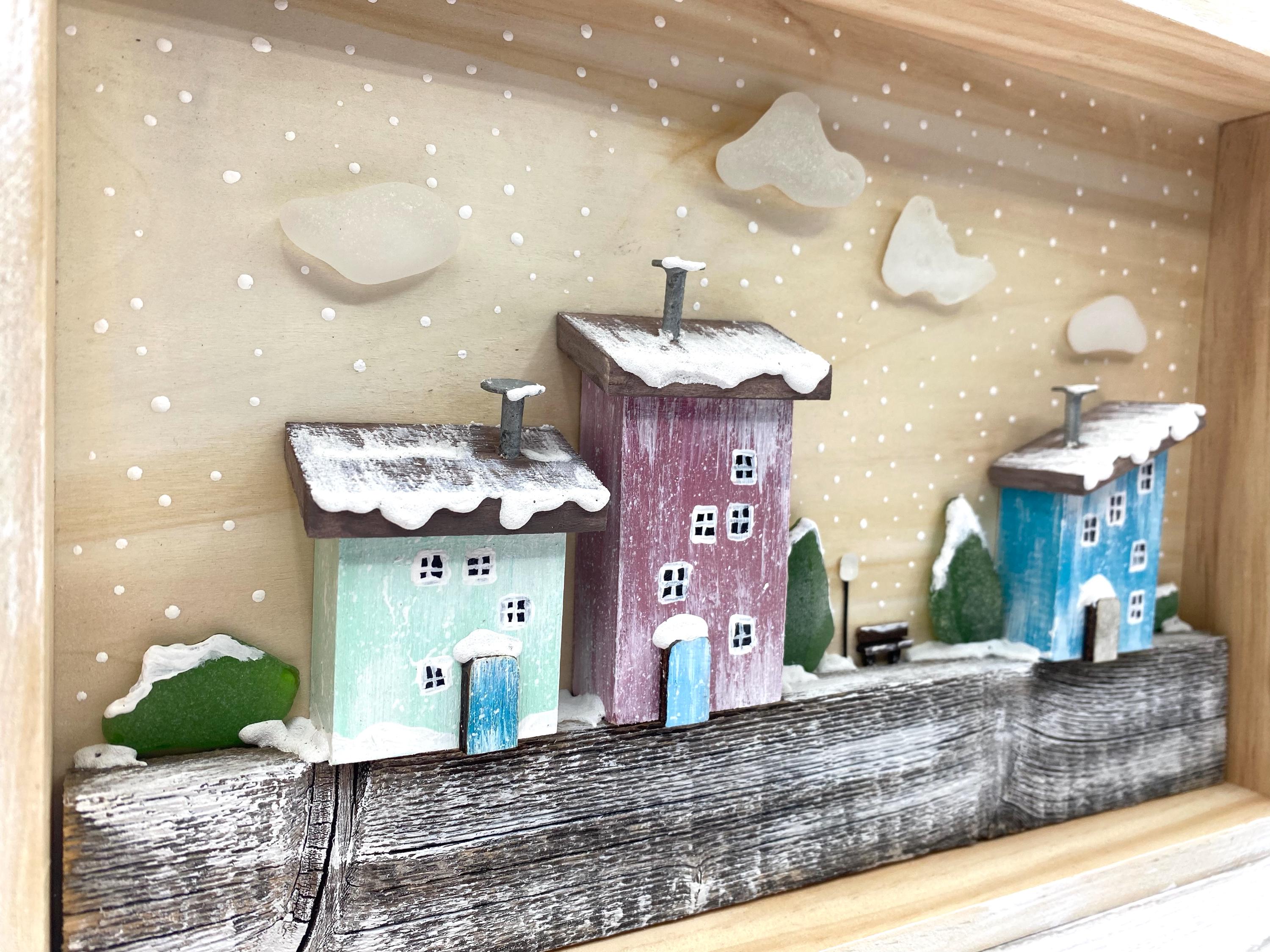 Handmade Driftwood Winter Village Shadow Box – Sea Glass Snowy Houses ...
