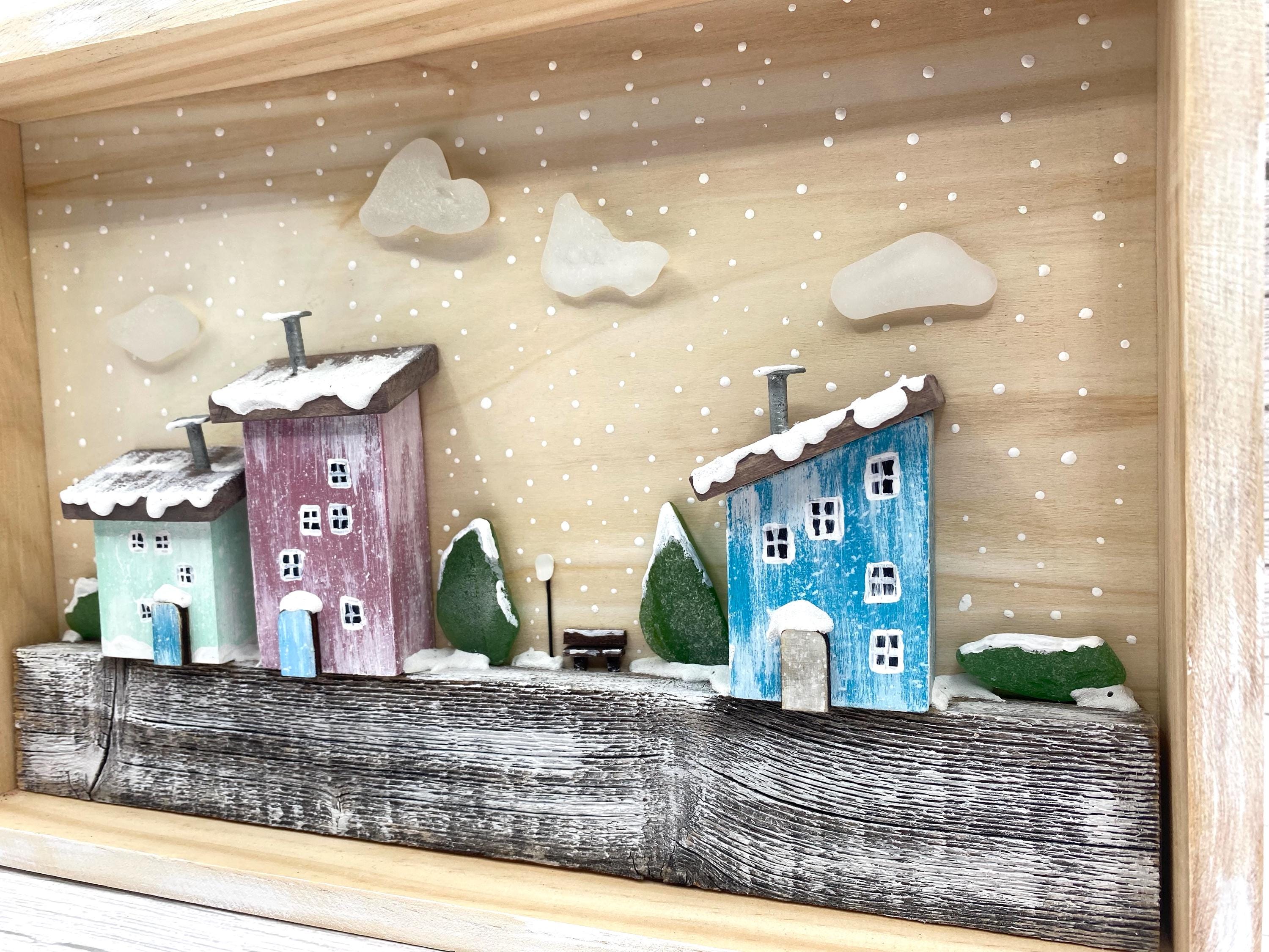 Handmade Driftwood Winter Village Shadow Box – Sea Glass Snowy Houses ...