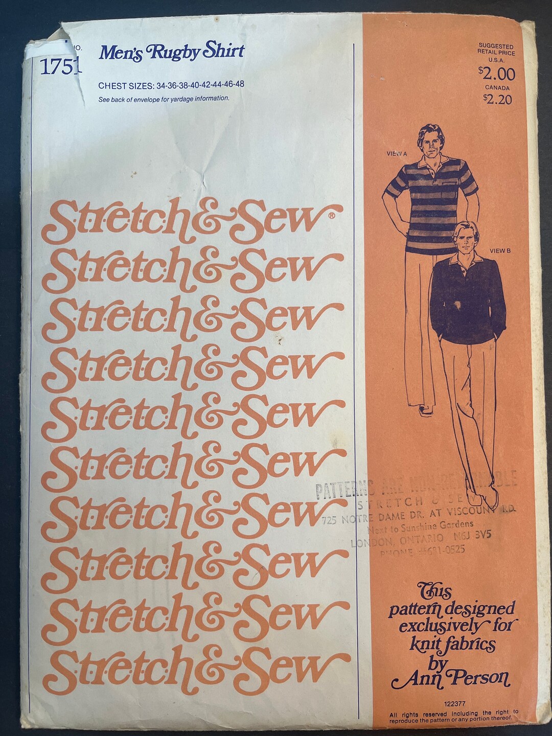 Rugby Shirt Mens Sewing Pattern Stretch & Sew 1751 Uncut Chest Sizes 34 ...
