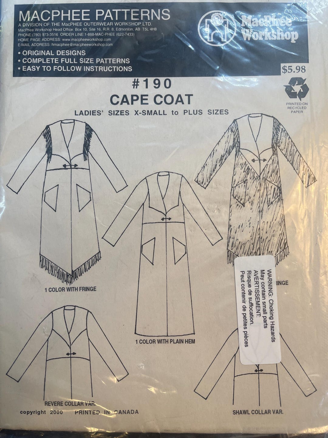 Blanket Style Coat Womens Misses Sewing Pattern Macphee Workshop Patterns Cape Coat 190 Uncut ...