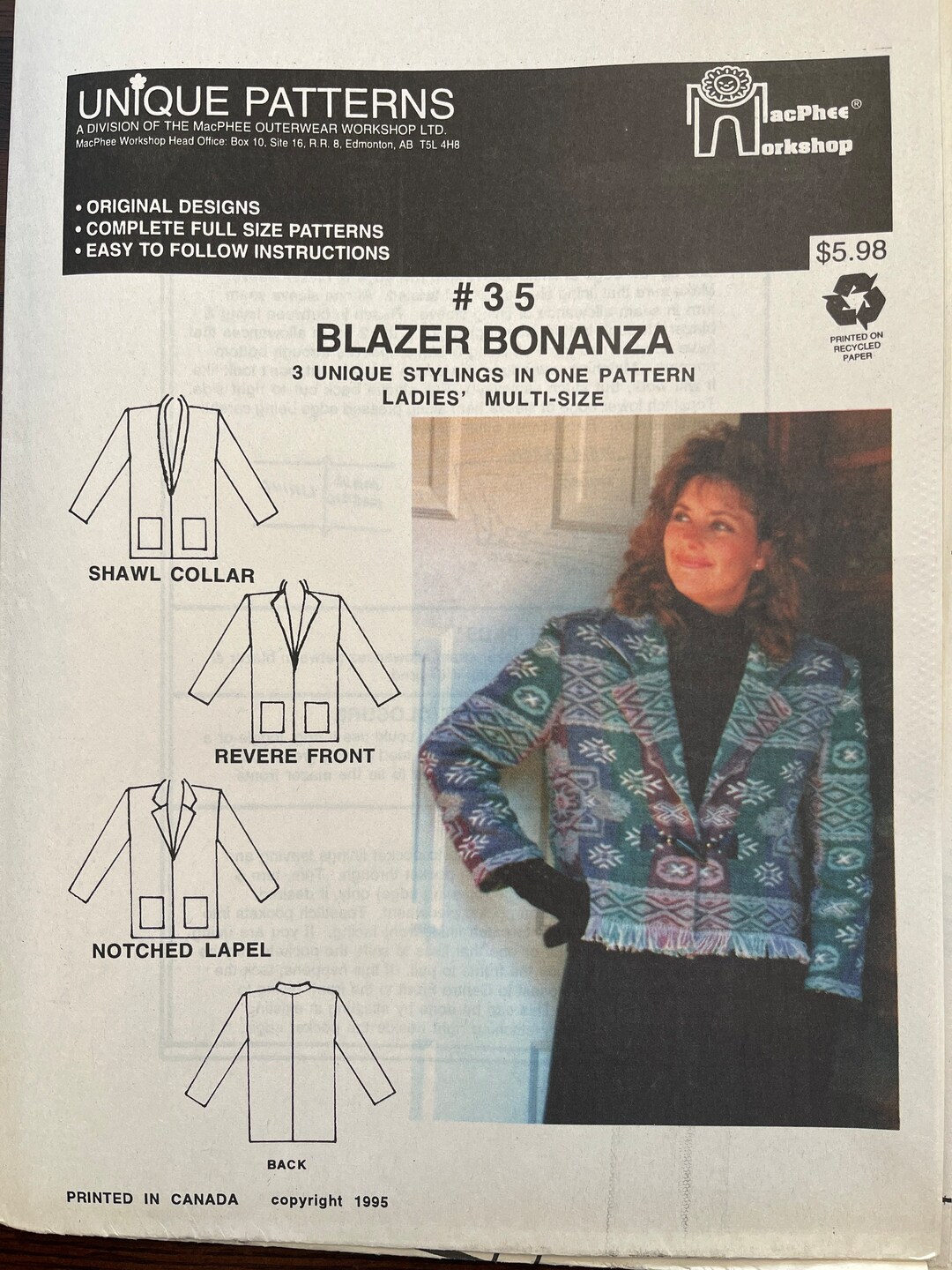 Unique Patterns Macphee Workshop Womens Misses Sewing Pattern Blazer Bonanza 35 Uncut Size XS-XL ...