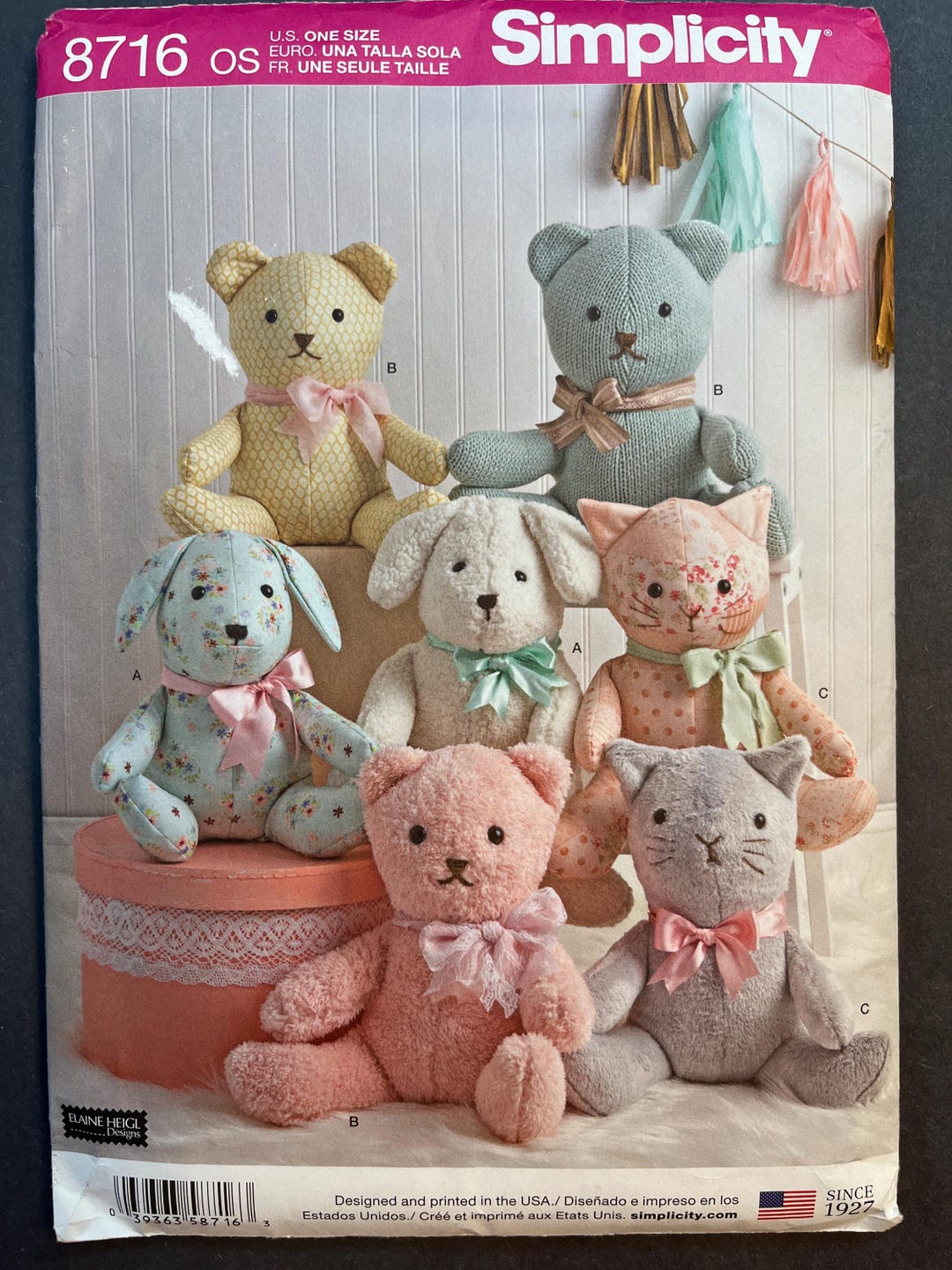 Dog Bear Cat Stuffed Animals Sewing Craft Pattern Uncut Simplicity 8716 ...