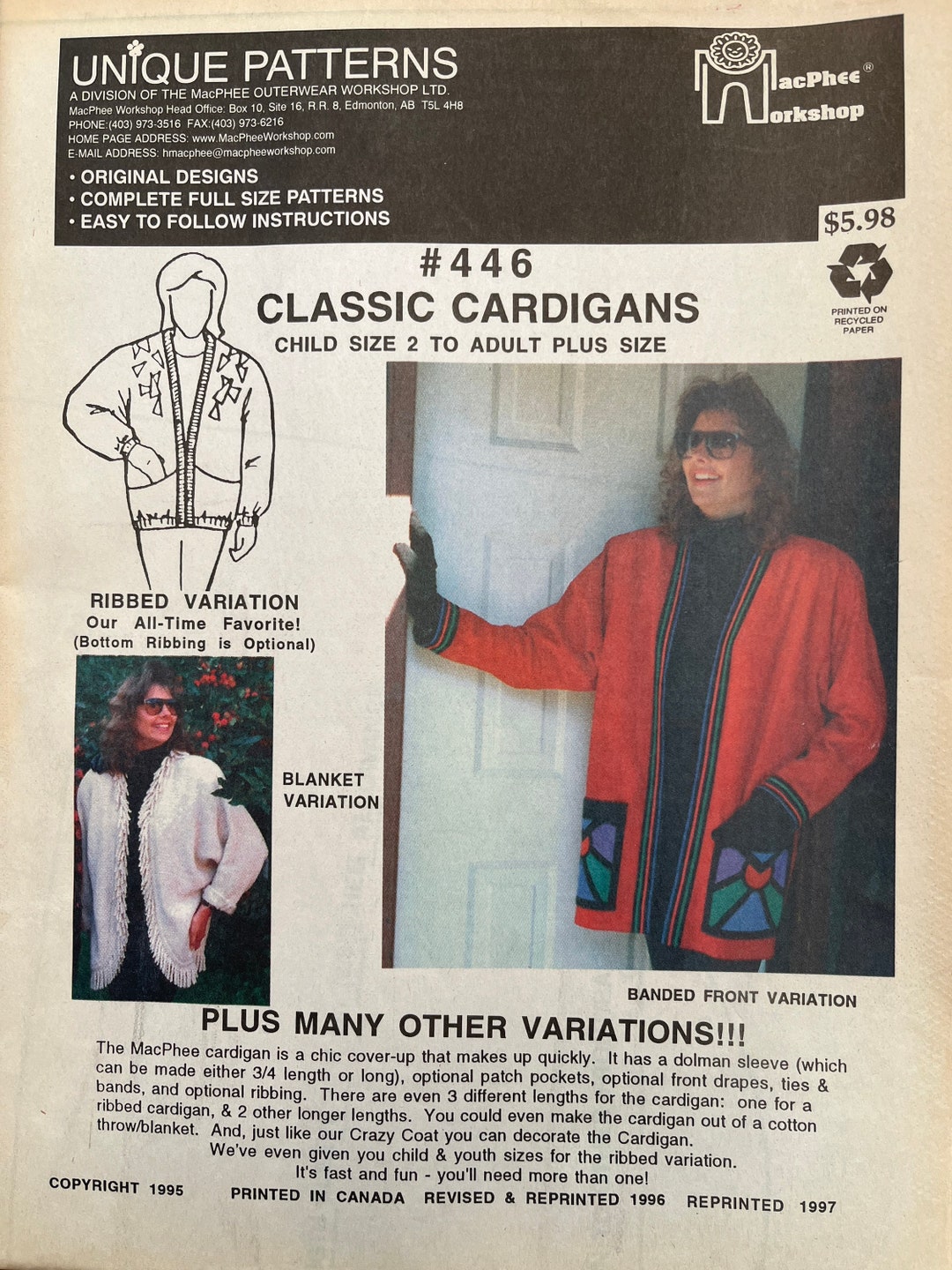 Unique Patterns Macphee Workshop Classic Cardigans Sewing Pattern 446 Womens Misses Childrens ...