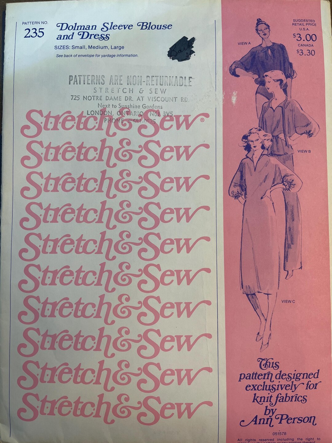 Dolman Sleeve Dress and Blouse Womens Misses Sewing Pattern Stretch ...