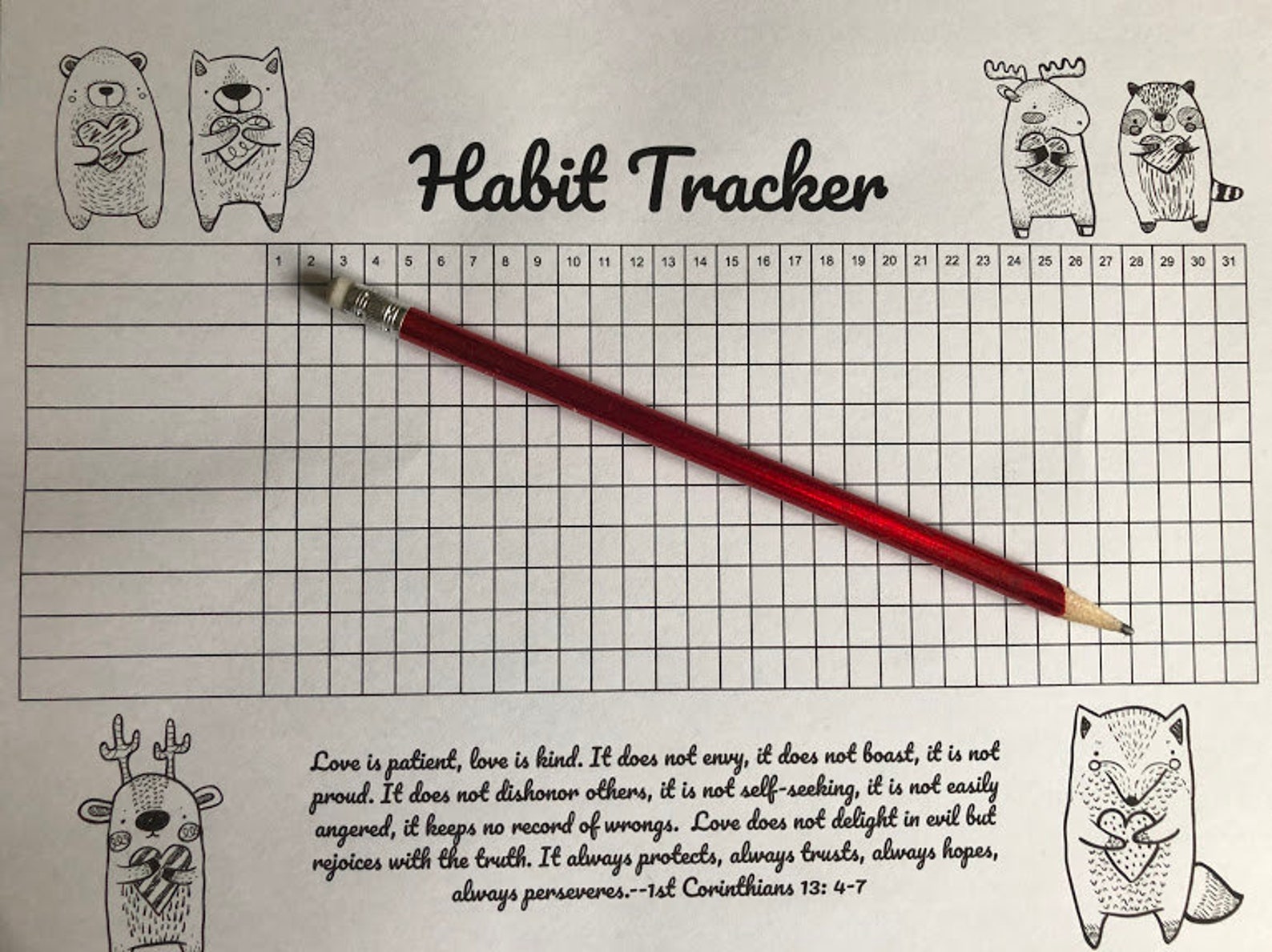 Habit Tracker Woodland Animals With Hearts & Bible Verses - Etsy