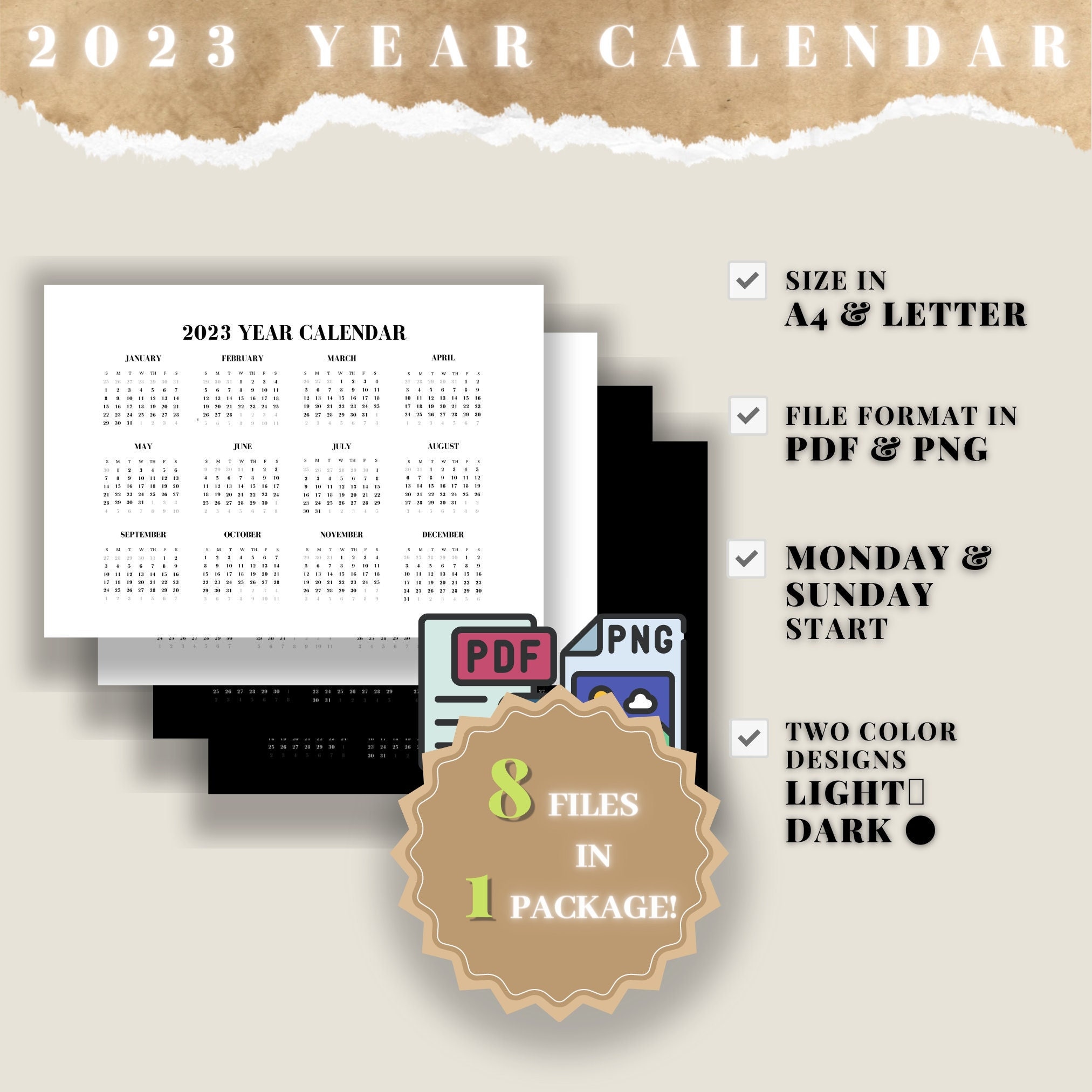 2023 Printable Year Calendar | Landscape | LIGHT/DARK | Elegant Design ...