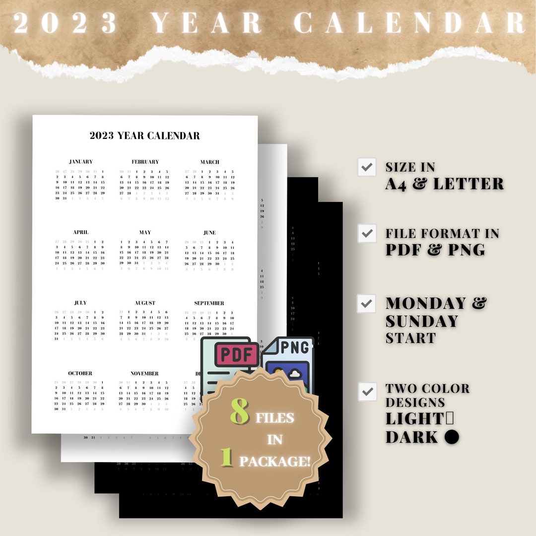 2023 Printable Year Calendar | Portrait | LIGHT/DARK | Elegant Design ...