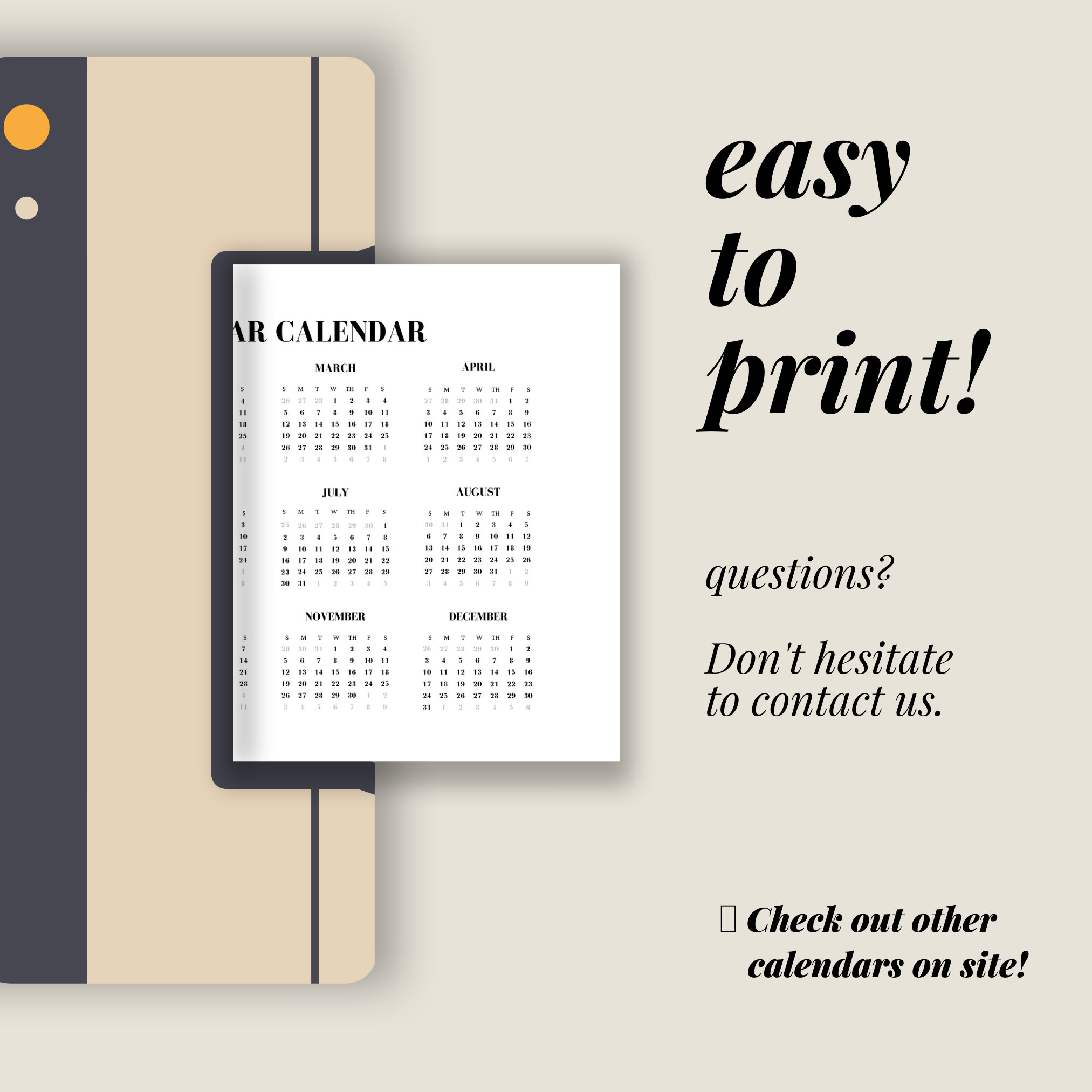 2023 Printable Year Calendar | Landscape | LIGHT/DARK | Elegant Design ...