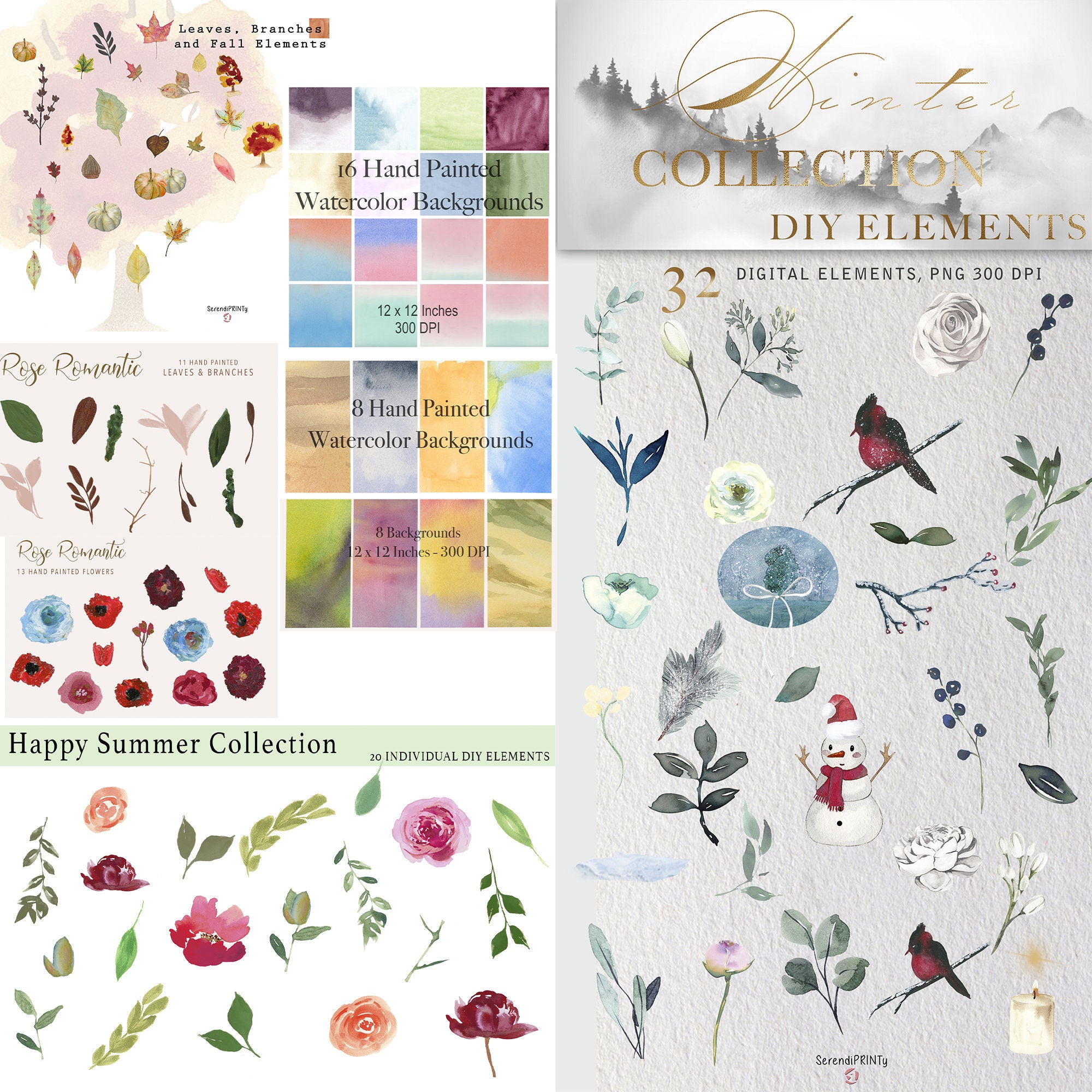 Watercolor Clipart Bundle Summer Watercolor Clip Art Winter - Etsy