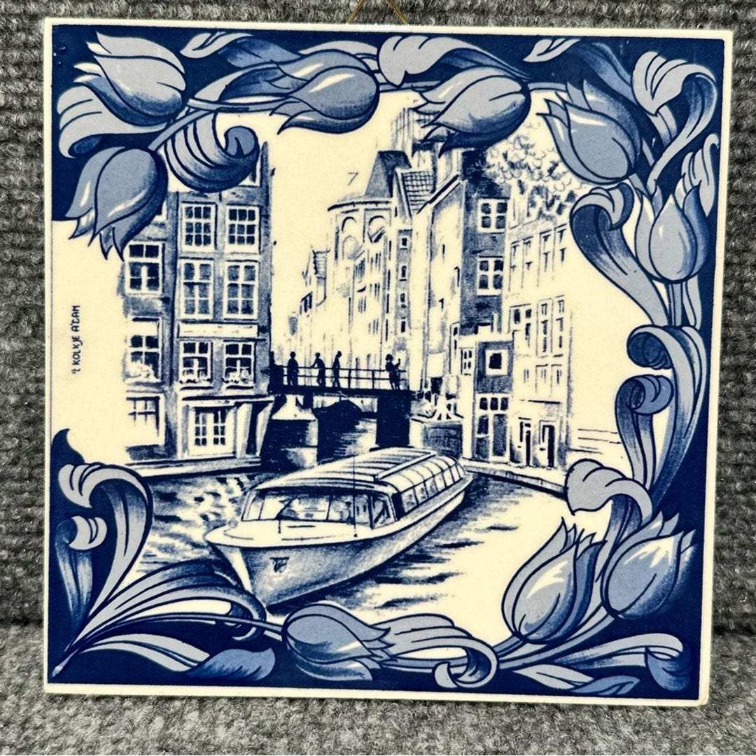 Vintage Delft Tile Amsterdam Canal 6x6 Tulip Border Blue and White - Etsy