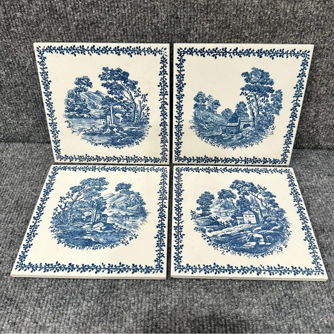 Vintage Richard Ginori Italy Tiles Set of 4 Bucolic Landscapes Blue ...