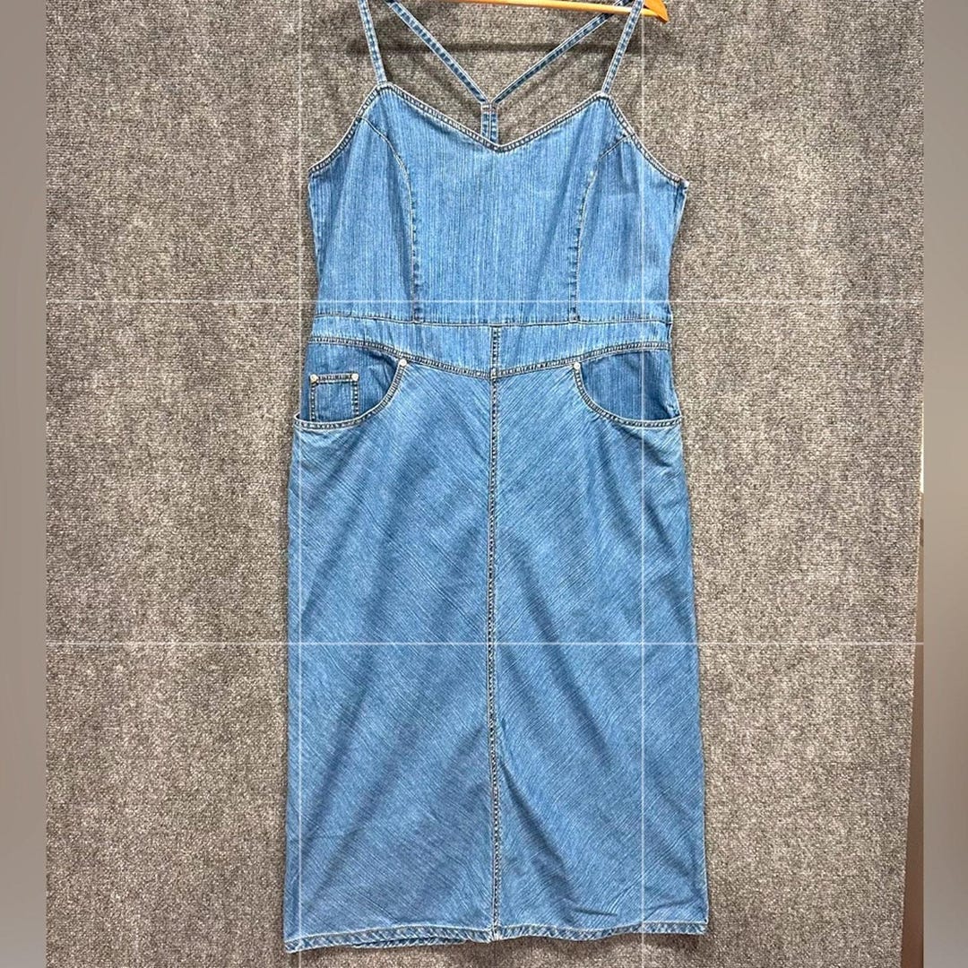 Vintage Denim Jumper Midi Dress L Pockets Spaghetti Straps Y Back ...