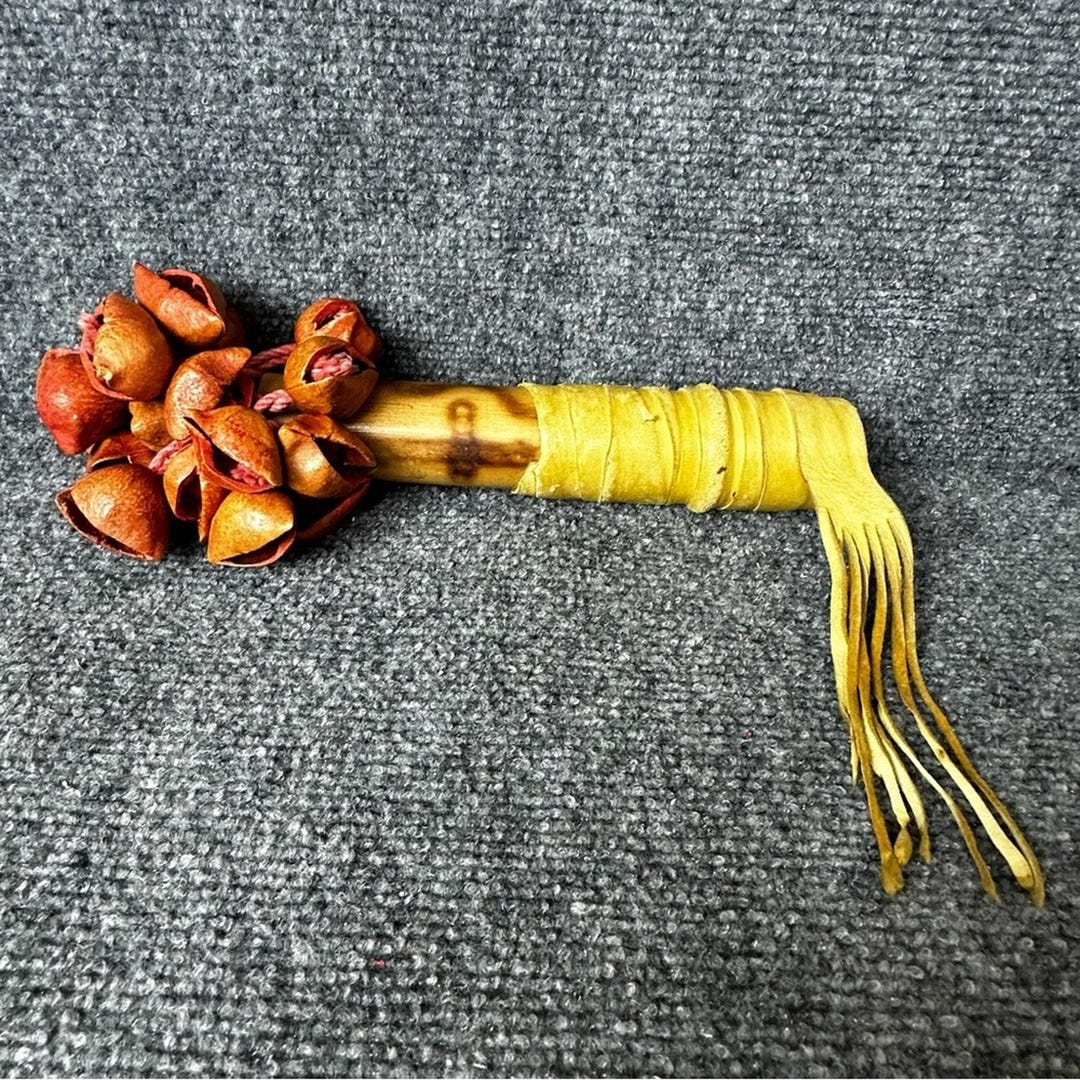 Vintage Aztec Ayoyote Seed Pod Rattle Leather Wrap Mexican Instrumentnt ...