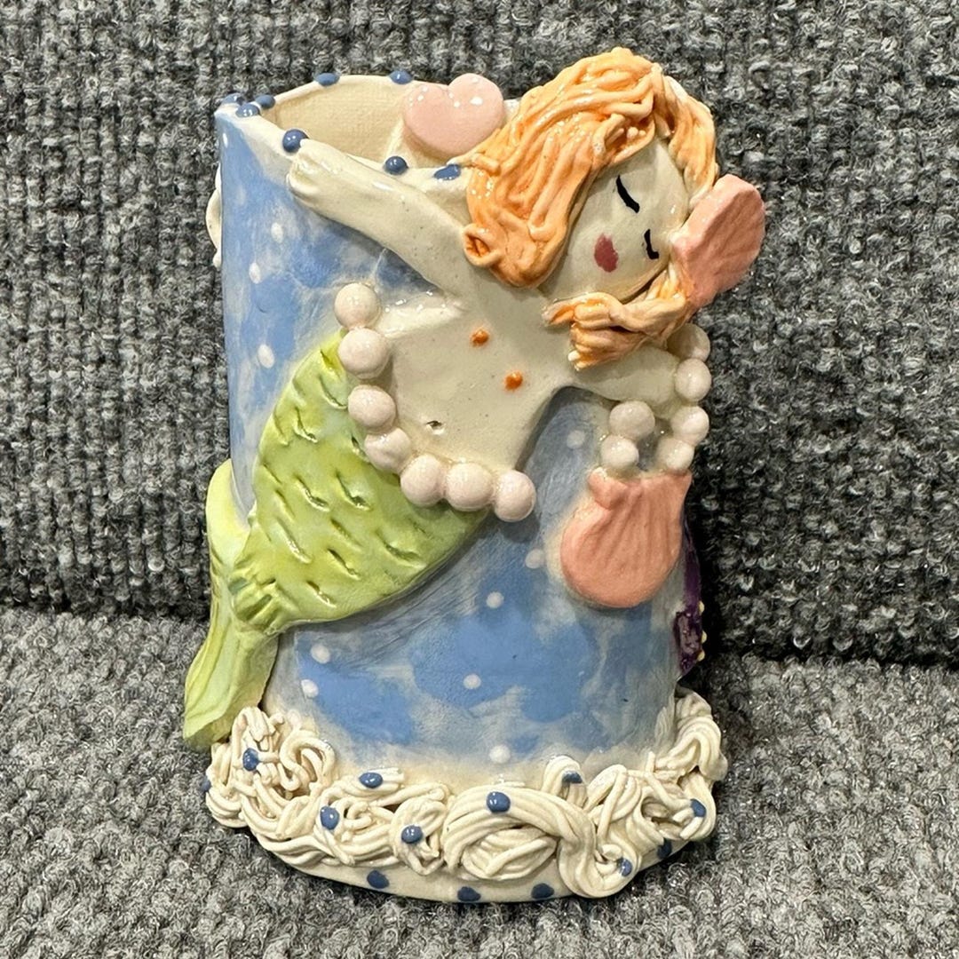 Vintage Mermaid Pottery Vase Signed CCR Scallop 4.5 Folk Art Nautical ...