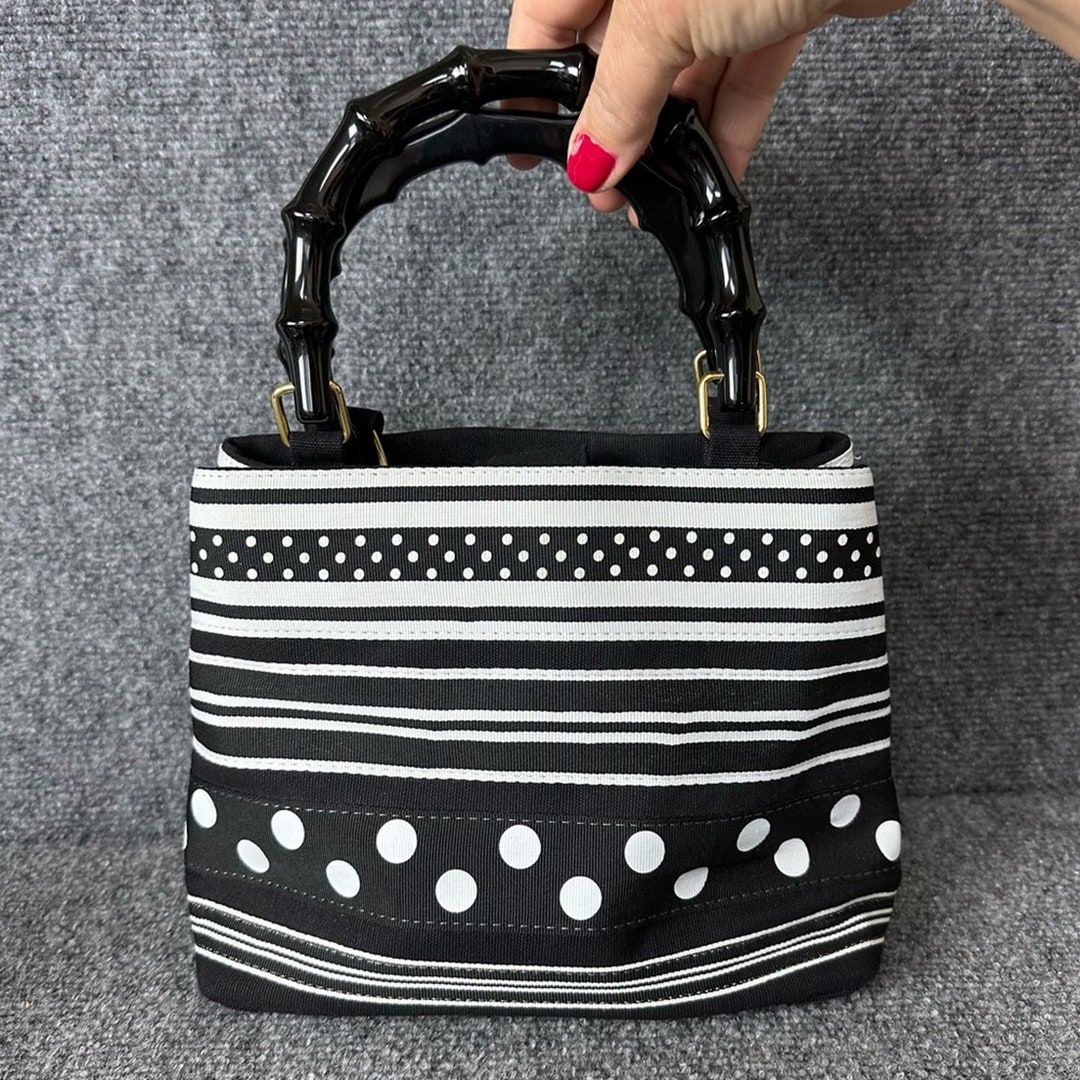 Vintage Tianni Hand Bag Bamboo Top Handles Black and White Grosgrain ...