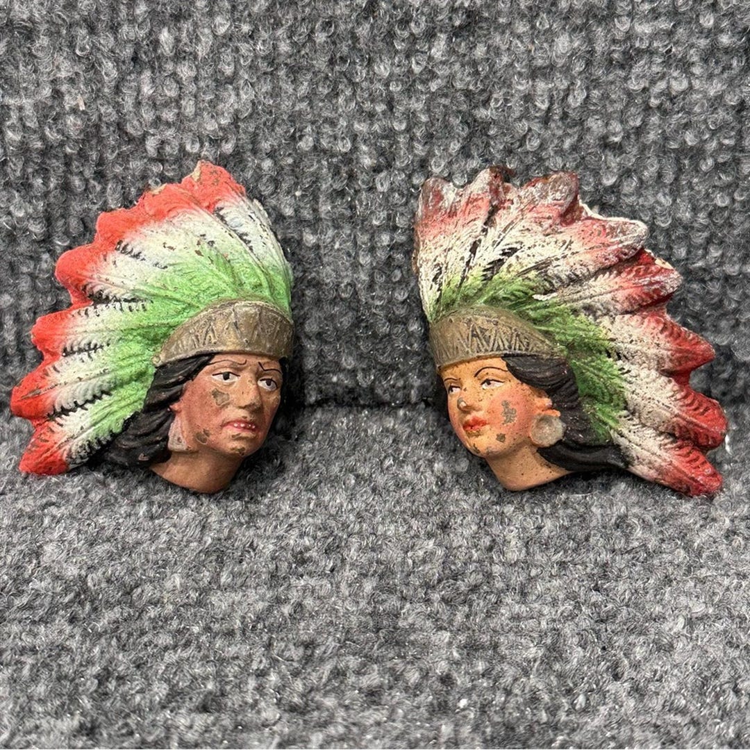 VTG Mexican Chalkware Pottery Art Native American Aztec Heads Chief ...