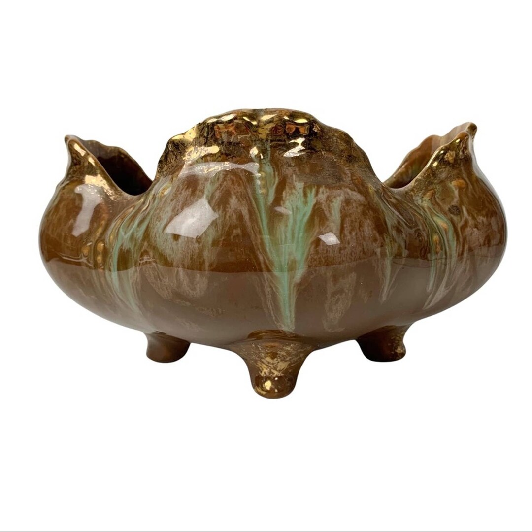 Vintage MCM USA Pottery Planter Footed Drip Glaze Gold Trim Ruffled Rim ...