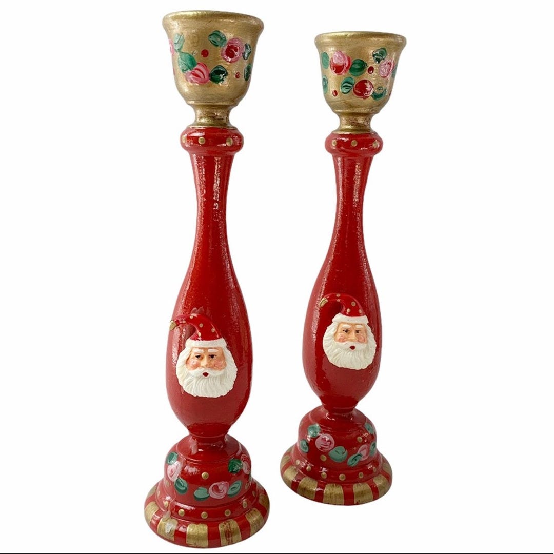 Vintage Christmas Candlesticks Hand-painted Red Santa Wooden 9" Classy ...