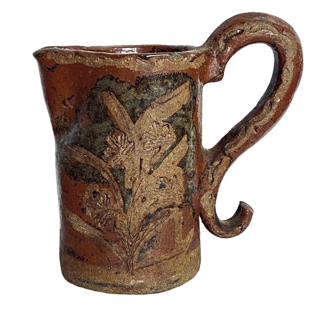 Vintage Boho Pottery Jug Pitcher Embossed Floral Chunky Heavy Vase 7 ...