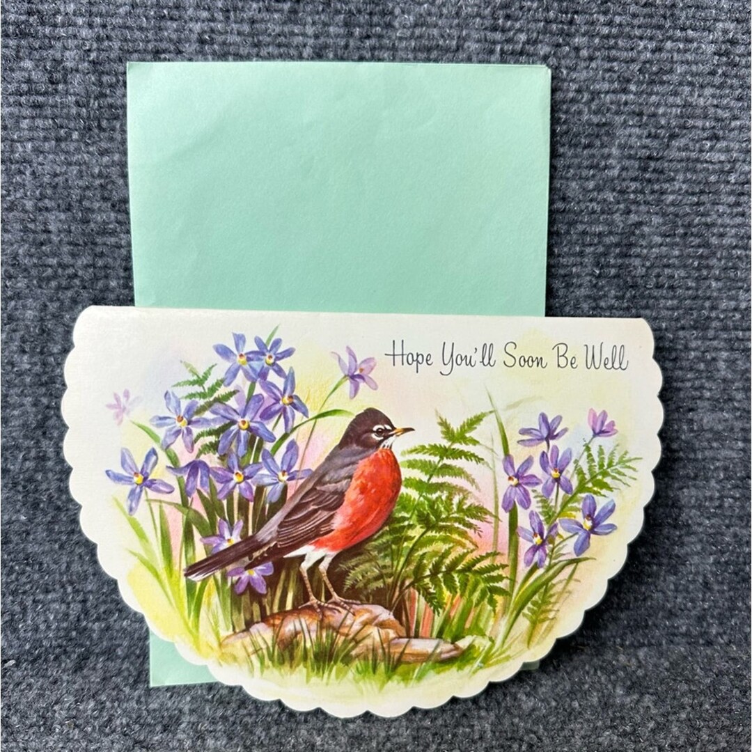 Vintage GET WELL Greeting Card Birds Robin Quality Crest Crescent Shape ...