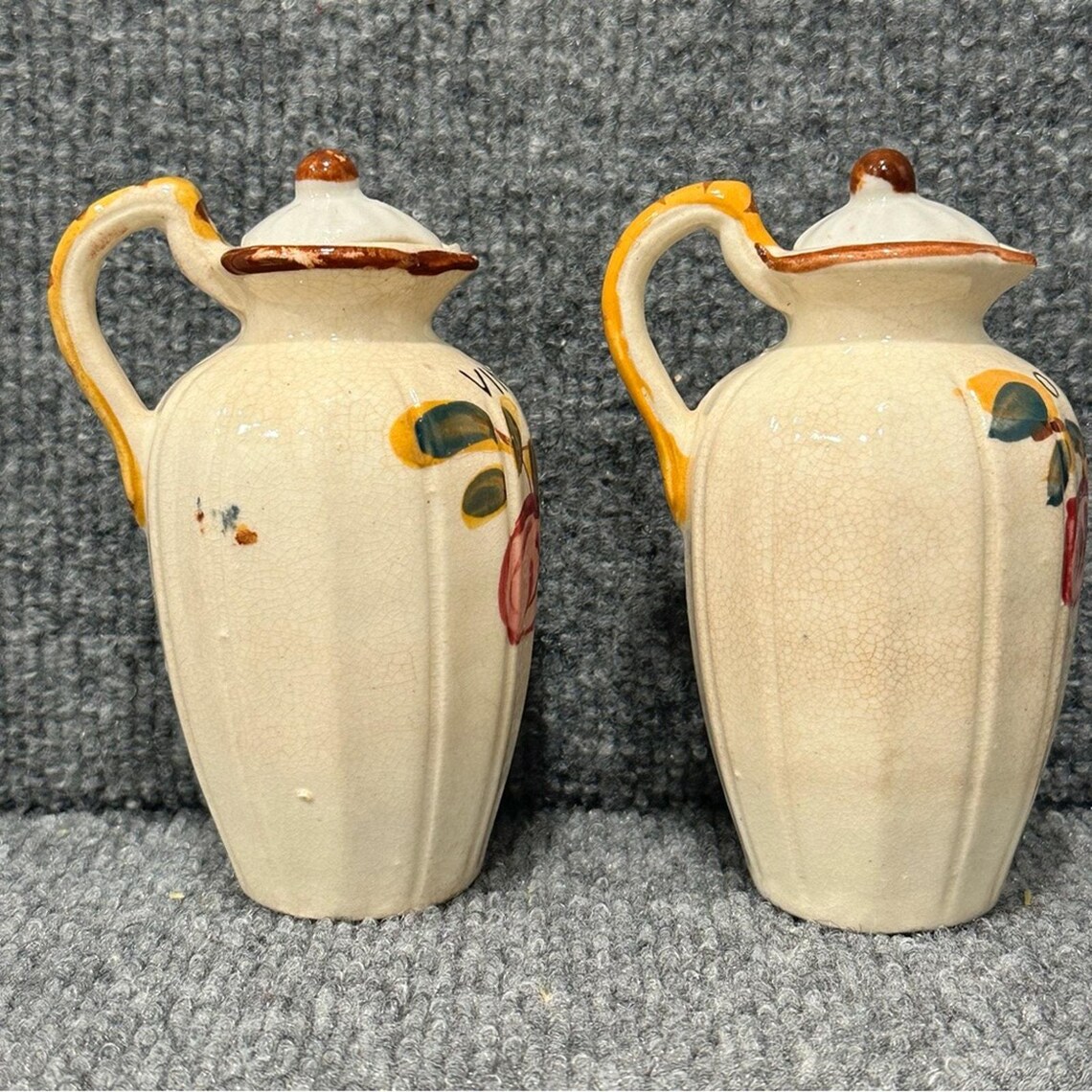 Vintage Cruet Set Japan Oil and Vinegar Hand Painted Lids Mid Century ...