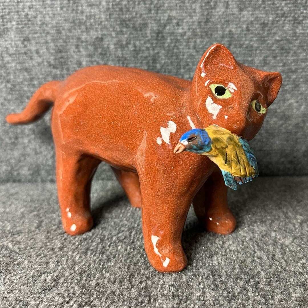 Vintage Cat Figurine Pottery Bird in Mouth Anatomically Correct Signed ...