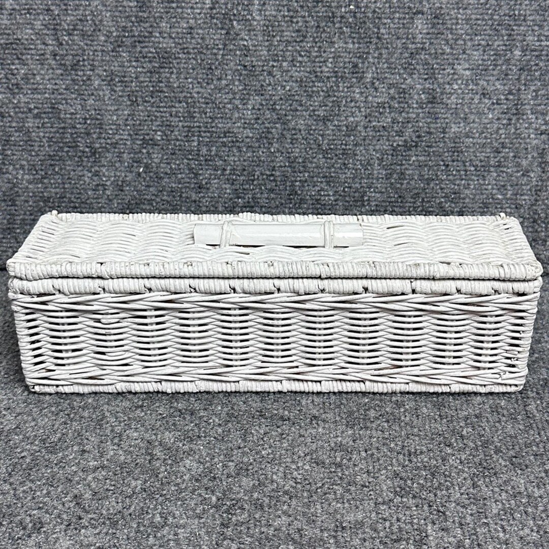 Vintage Wicker Storage Box White Cottagecore 12.5x3x3.5 Vanity Makeup ...