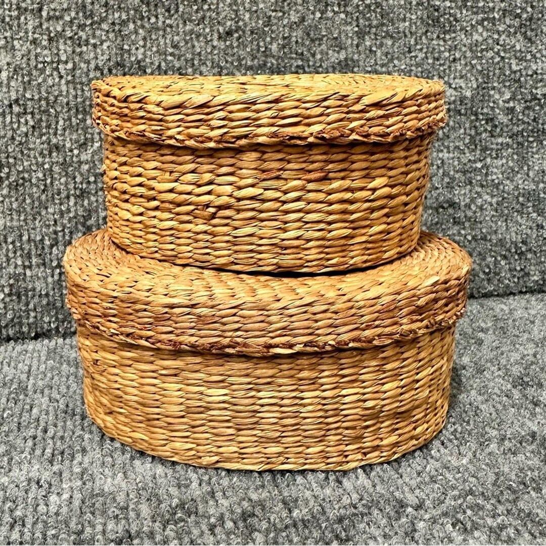 Vintage Nesting Baskets Trinket Boxes Sweet Grass Oval Lidded Farm Boho ...