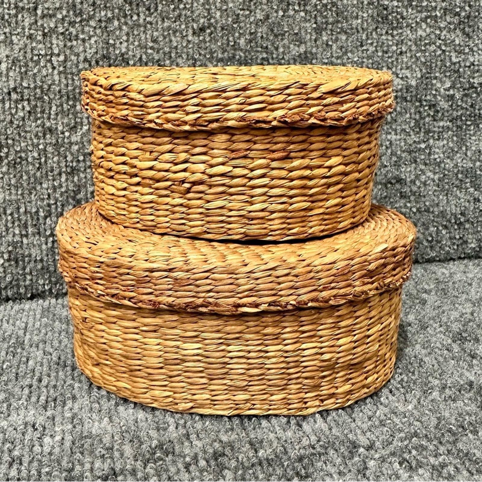 Vintage Nesting Baskets Trinket Boxes Sweet Grass Oval Lidded Farm Boho ...