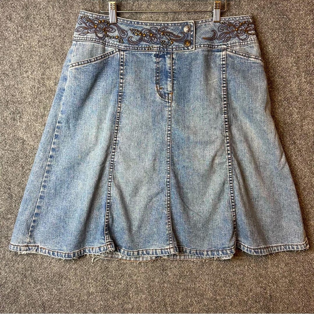 Vintage Kikit Jeans Skirt 10 Embroidered Studs Pockets Western Cowgirl ...