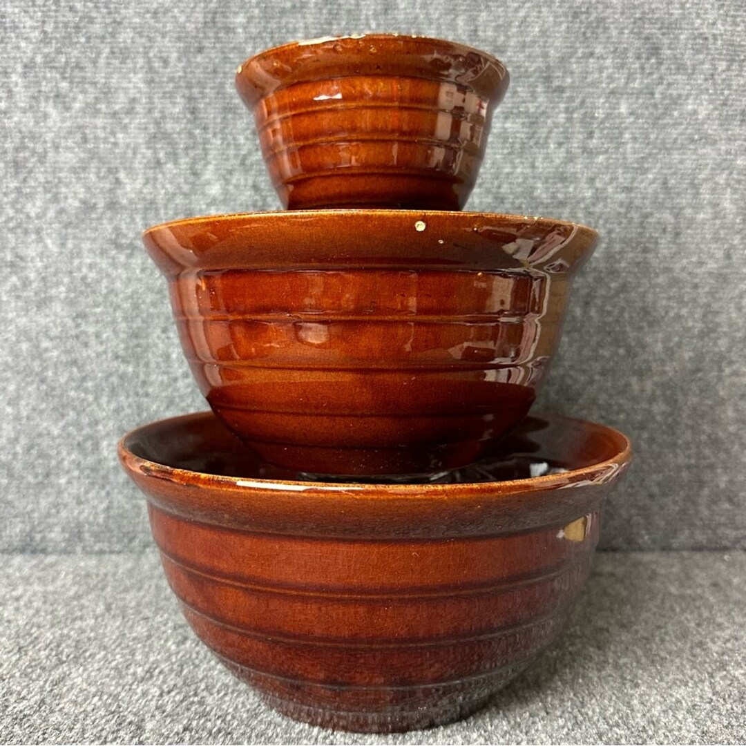 Marcrest Stoneware Pottery Nesting Bowls Set of 3 Brown Beehive ...