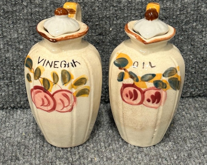 Vintage Cruet Set Japan Oil and Vinegar Hand Painted Lids Mid Century ...