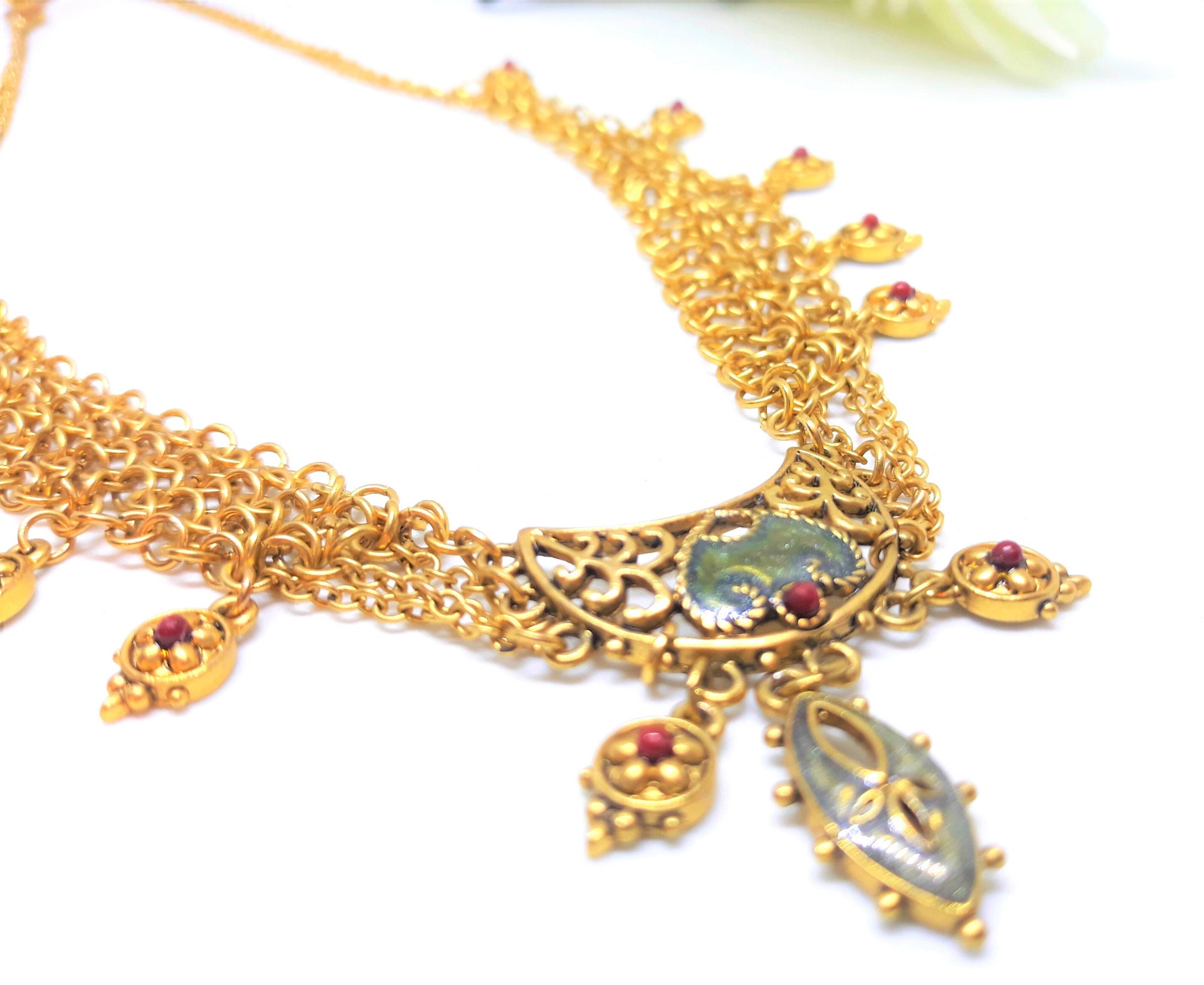 Cleopatra Style Necklace Goldtone With Red and Gold Beads - Etsy UK