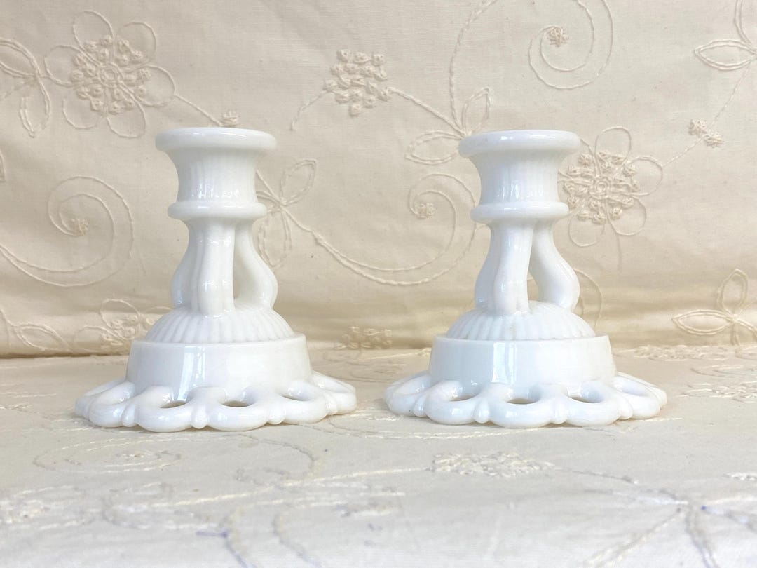 Vintage Westmoreland Glass Doric Old Colony Lace Milk Glass Candlestick ...